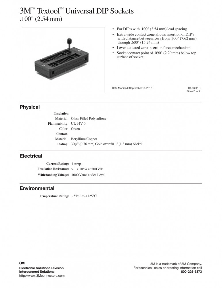 3M Textool Universal DIP Socket technical sheet page 1