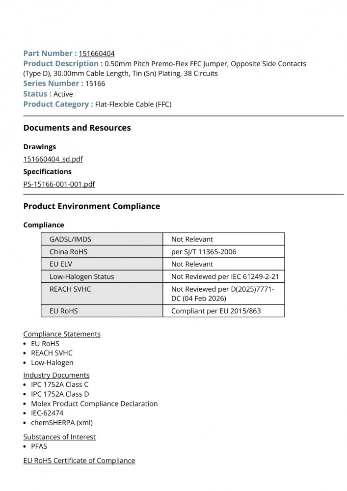 Product document image 1 for MOLEX 151660404