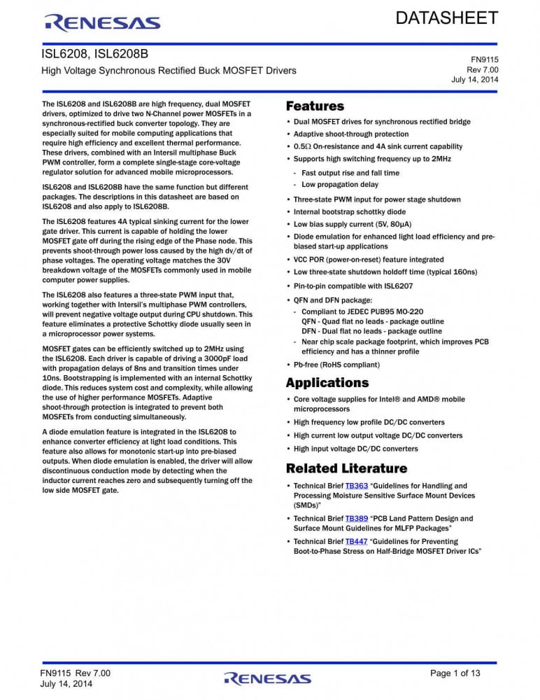 ISL6208CRZ-T datasheet page 1
