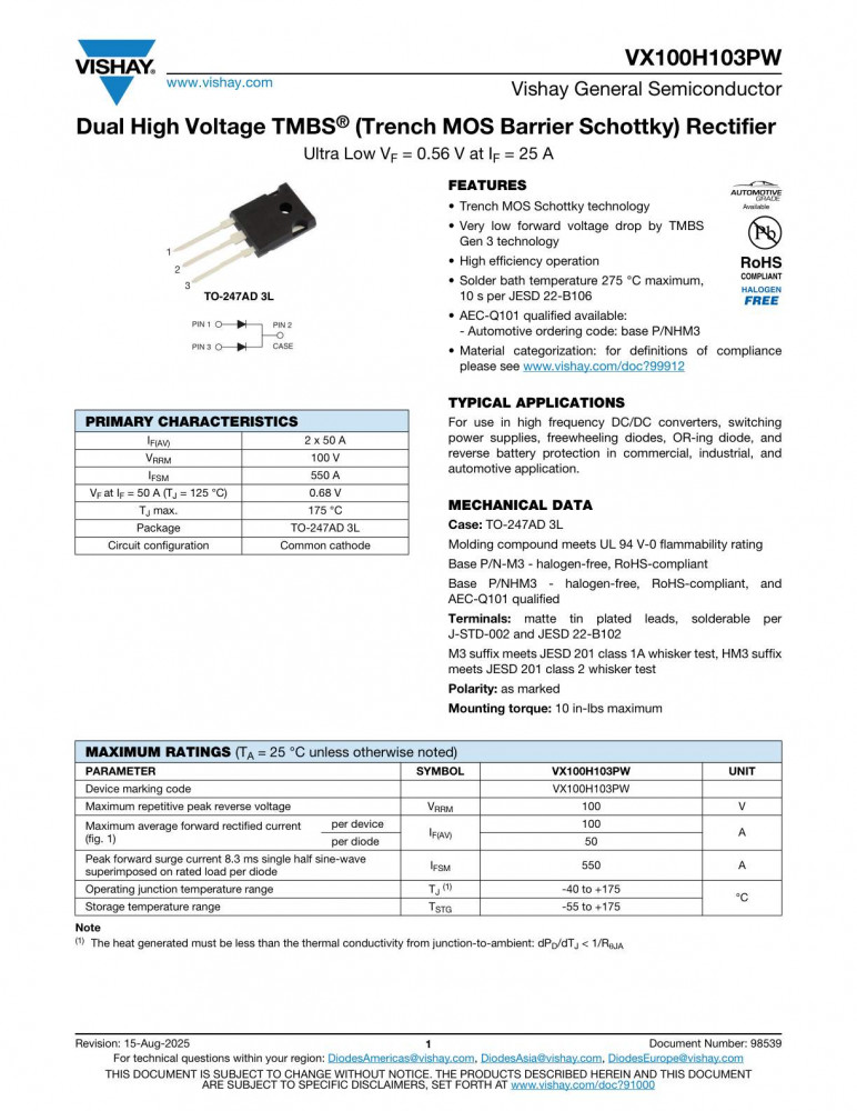VX100H103PW datasheet page 1
