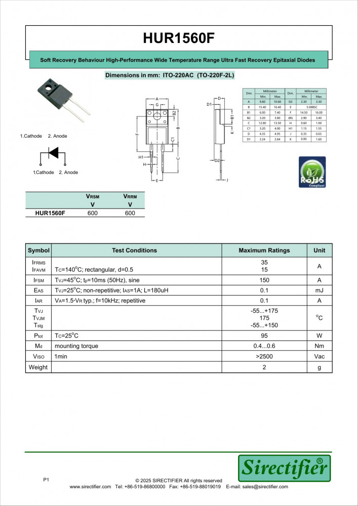 HUR1560F technical document page 1
