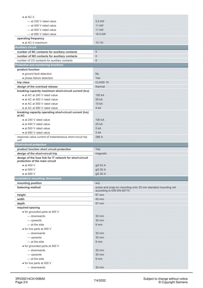 3RV20214CA100BA0 datasheet page 2