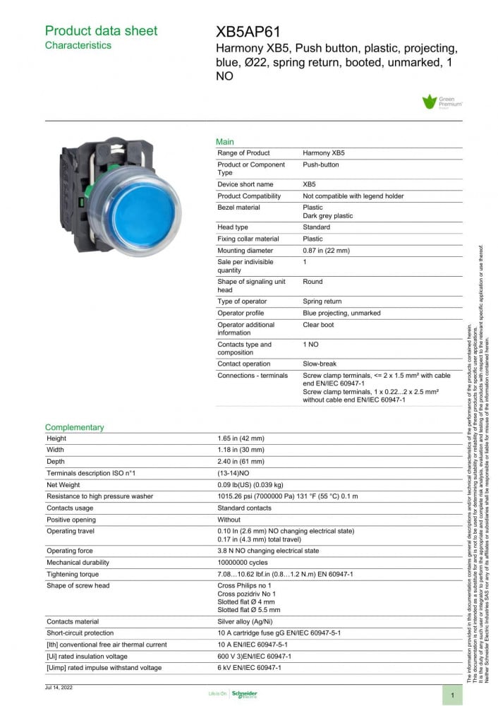 XB5AP61 technical document page 1