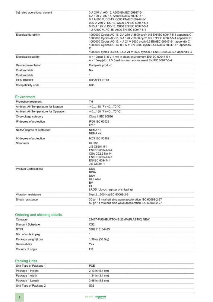 XB5AP61 technical document page 2