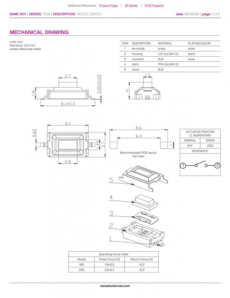 TS09 series part number and mechanical drawing