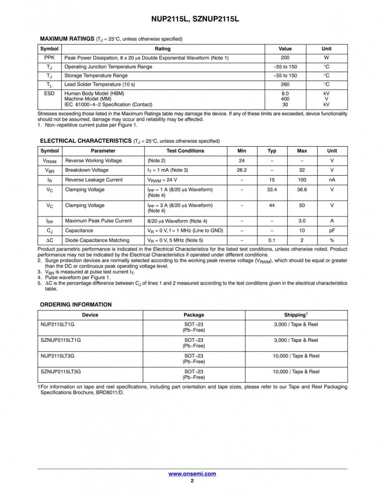 NUP2115LT1G technical document page 2
