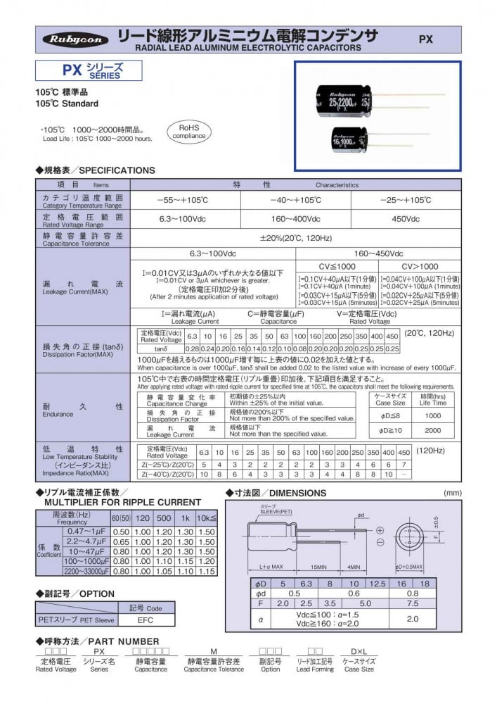 Rubycon PX series datasheet page 1