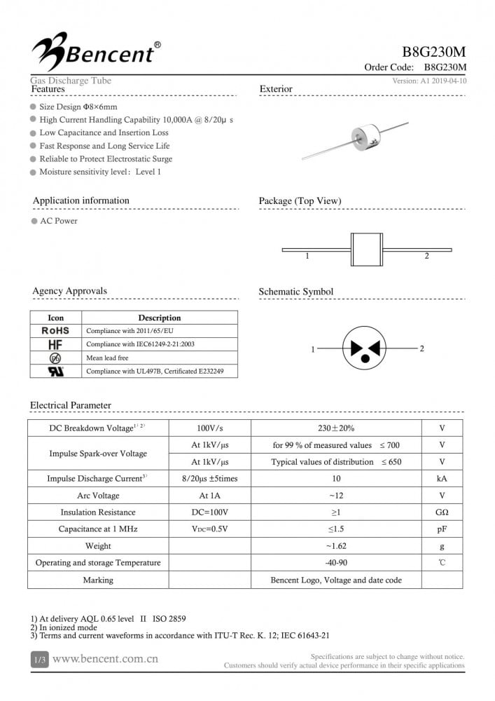 B8G230M datasheet page 1