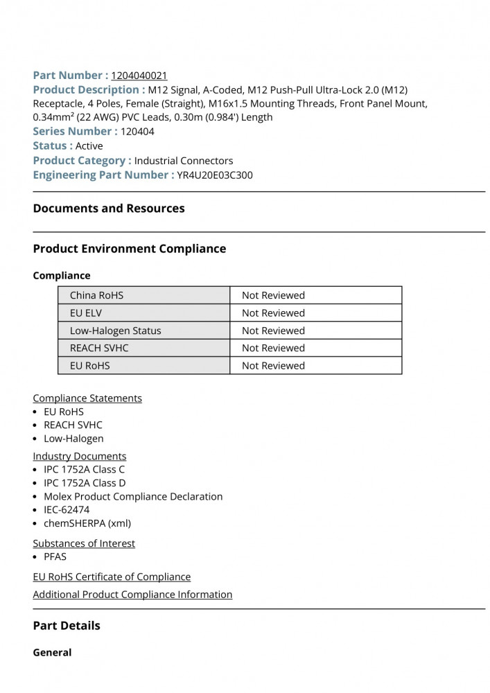 Supplied MOLEX specification document preview image 1