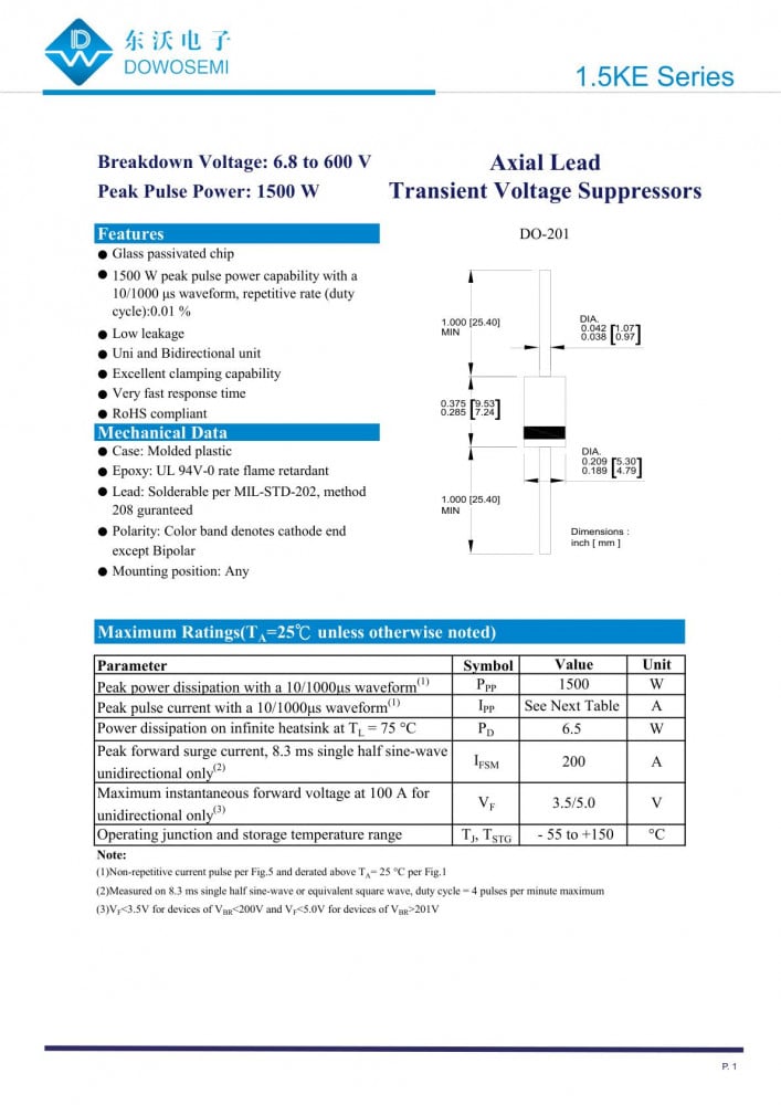 DOWO 1.5KE series datasheet page 1