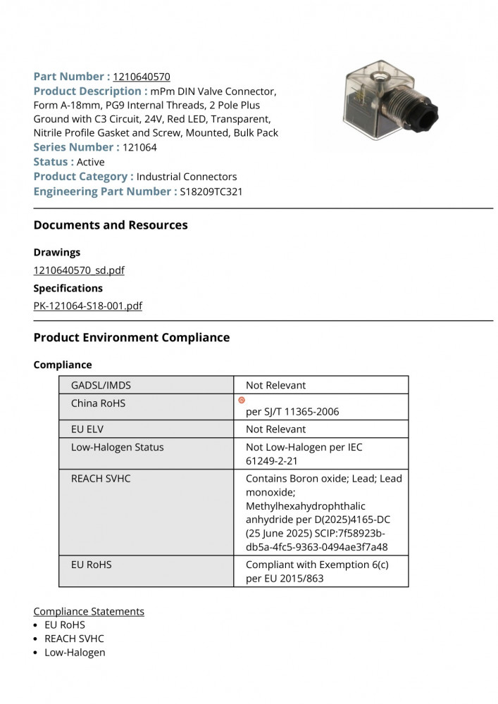 Molex DIN Valve Series S18 packaging document, page image 1