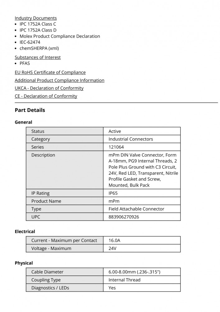Molex DIN Valve Series S18 packaging document, page image 2