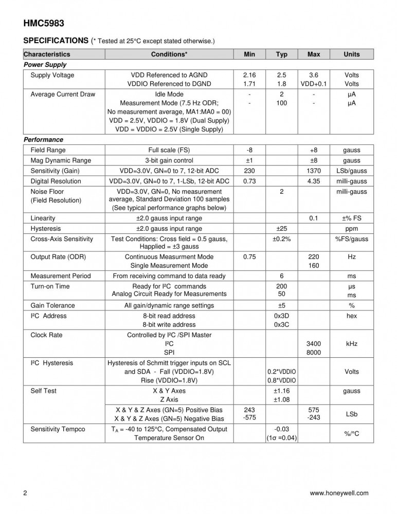 HMC5983 technical document page 2