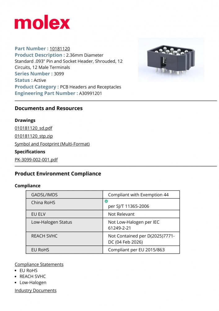 MOLEX 10181120 technical document page 1