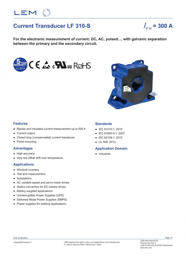 LEM LF 310-S datasheet page 1