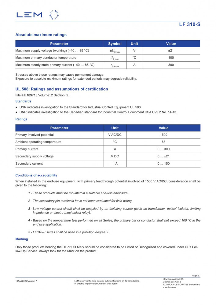 LEM LF 310-S datasheet page 2