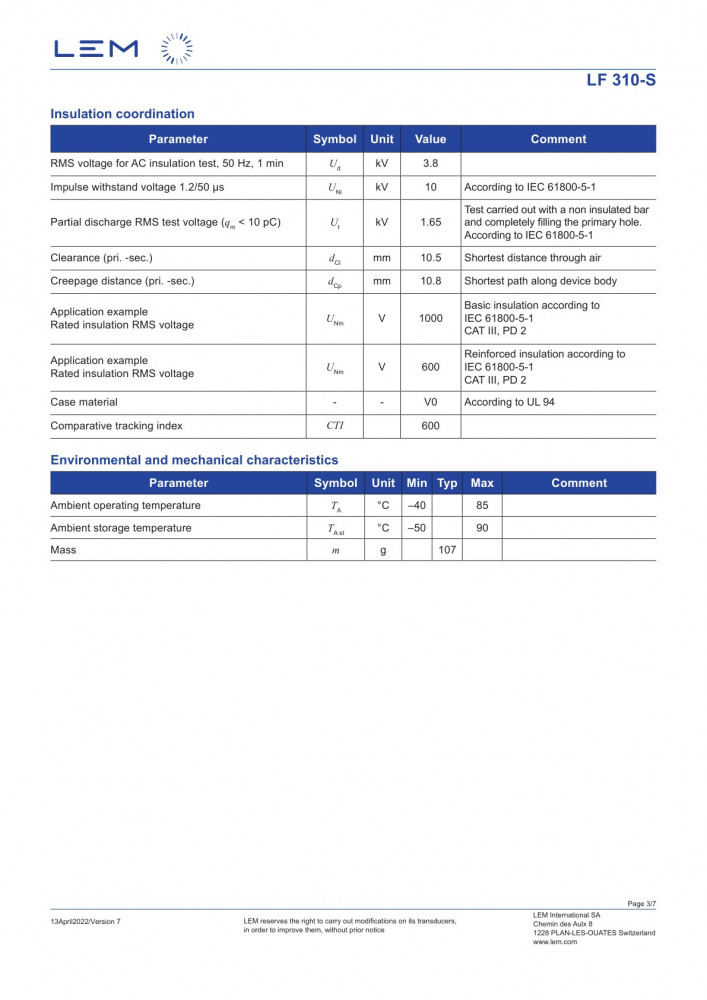LEM LF 310-S datasheet page 3