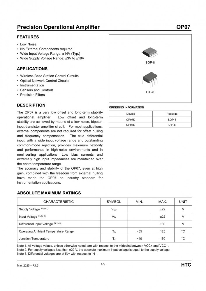 OP07N datasheet page 1