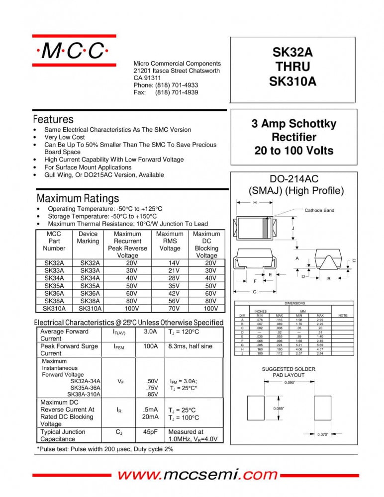 MCC SK310A-LTP datasheet page 1