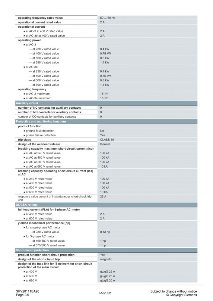 3RV20111BA20 technical document page 2