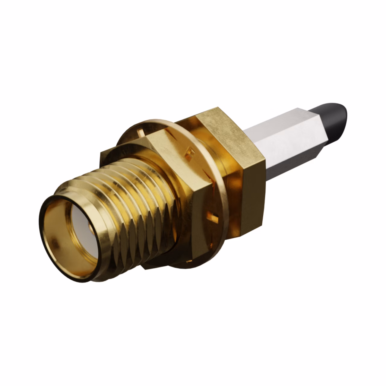 SMA Jack, Straight, Bulkhead, Crimp RG-174, RG-188 and RG-316 Cable, Brass Body, Gold (Au) Plated, Mounts in 