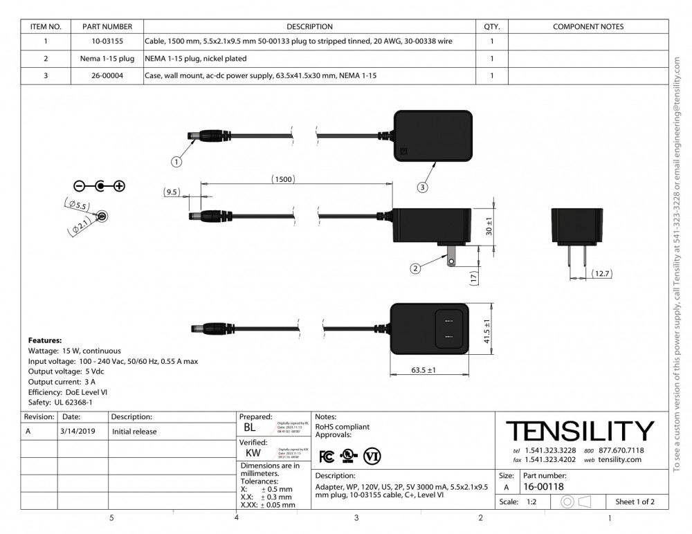 Tensility 16-00118 product drawing, page 1