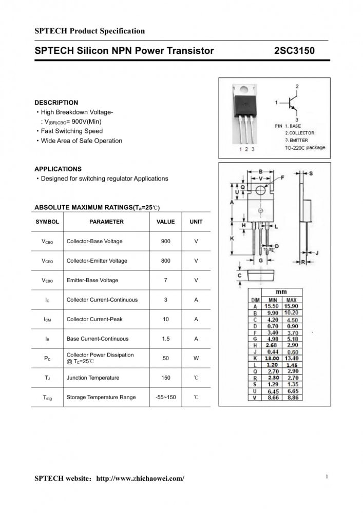 SPTECH 2SC3150 datasheet page 1