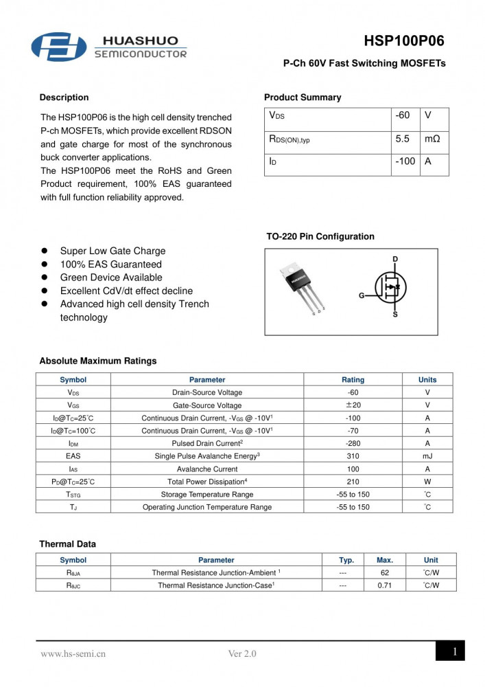 HSP100P06 datasheet page 1