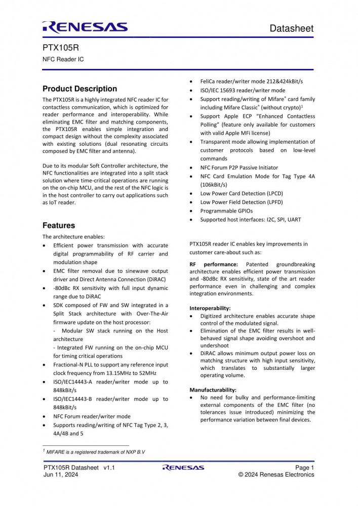 PTX105R technical document page 1