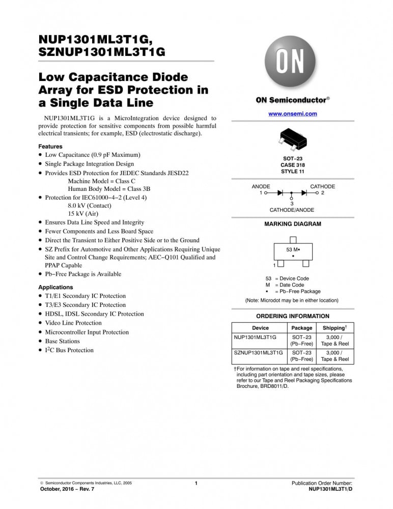 NUP1301ML3T1G datasheet page 1
