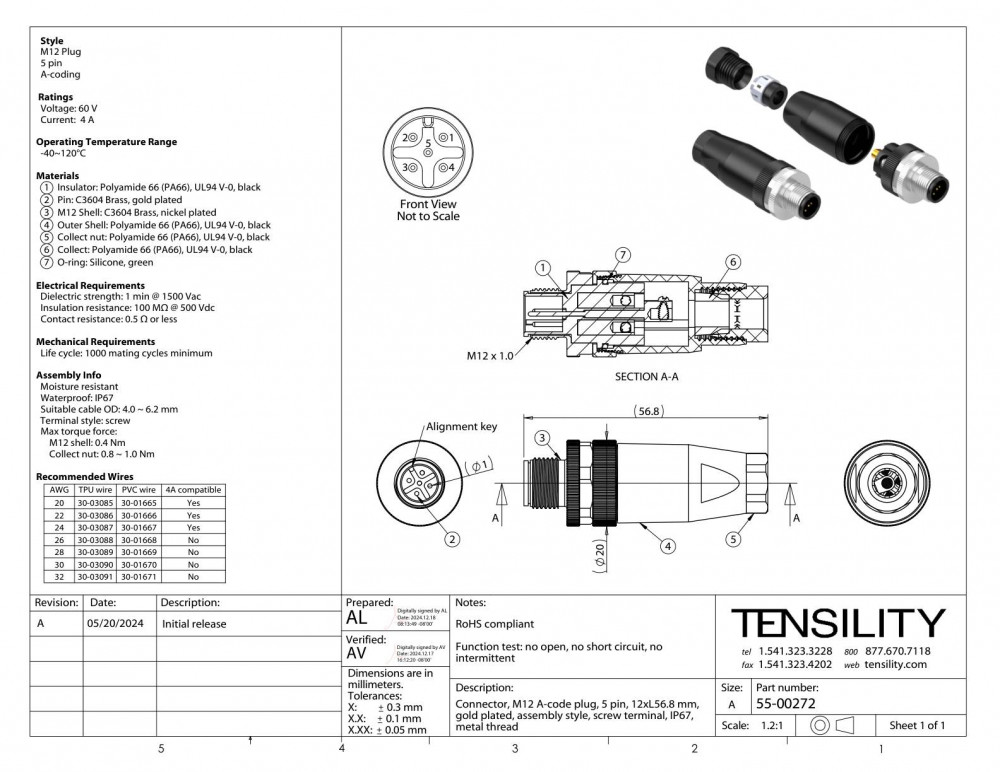 Tensility International 55-00272 M12 A-coded 5-pin plug product drawing