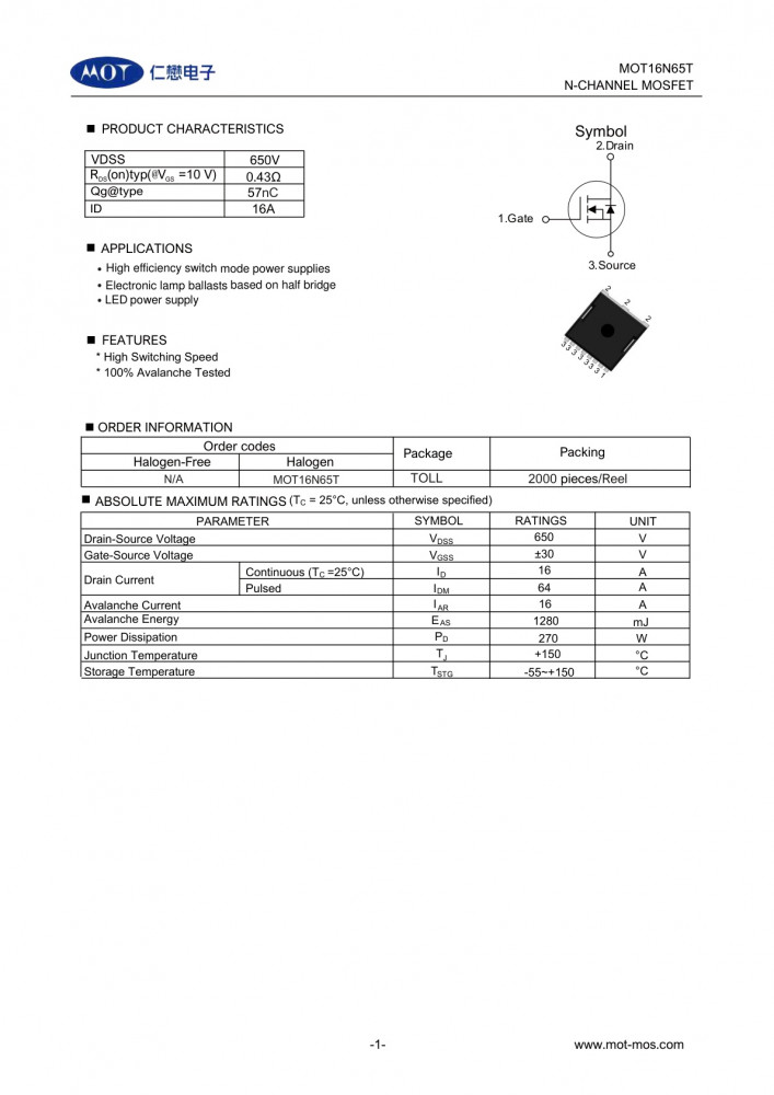 MOT16N65T datasheet page 1