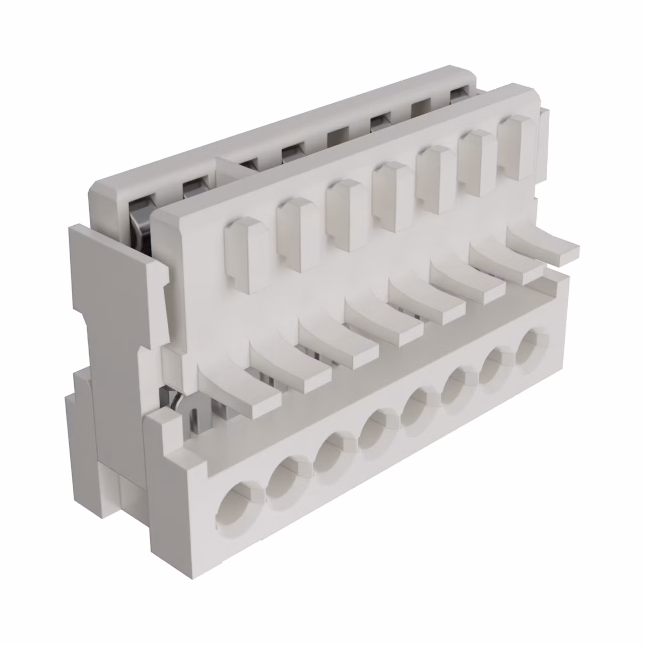 Appli-Mate RAST 2.5 IDT Housing, 2.50mm Pitch, with Side Latches, Female, 8 Circuits, Position Keys A & I Removed, Polarizing Ribs Between 1/2 and 6/7
