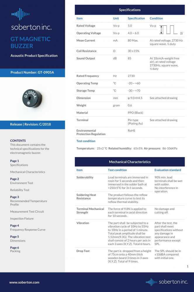GT-0905A specification page 1: electrical specifications and mechanical characteristics