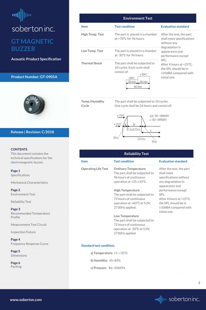 GT-0905A specification page 2: environmental and reliability tests