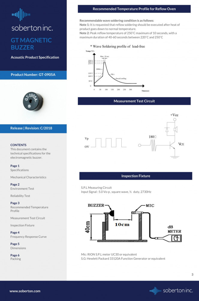 GT-0905A specification page 3: soldering profile and measurement circuits