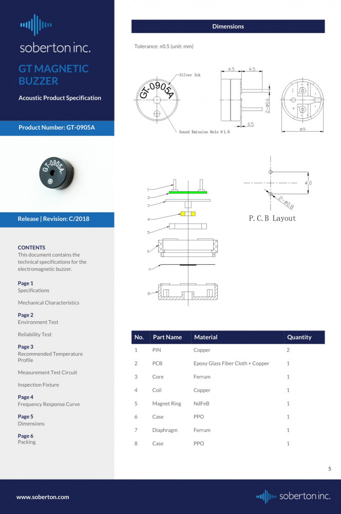 GT-0905A specification page 5: dimensions and PCB layout