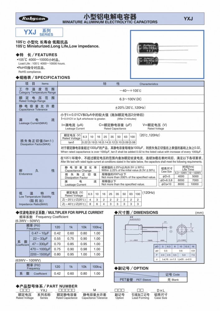Rubycon YXJ series technical document page 1