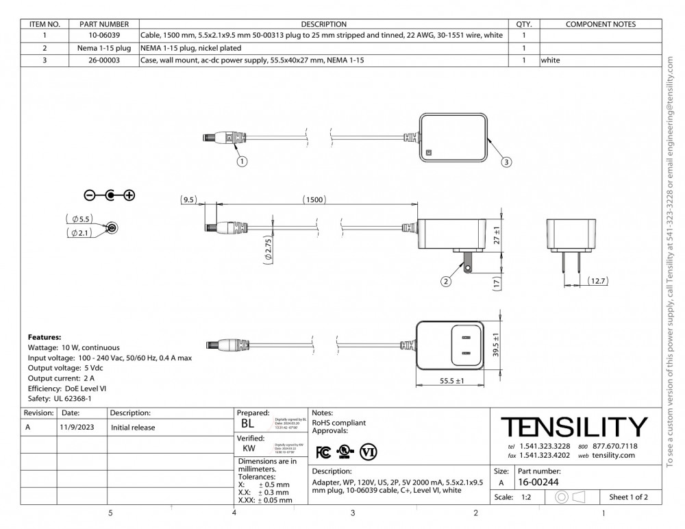 Tensility 16-00244 product drawing and assembly information