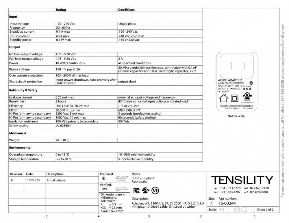 Tensility 16-00244 electrical, environmental, and label specifications