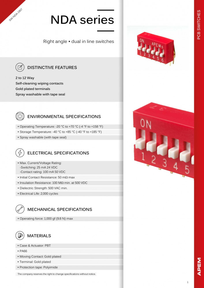 APEM NDA series technical document page 1