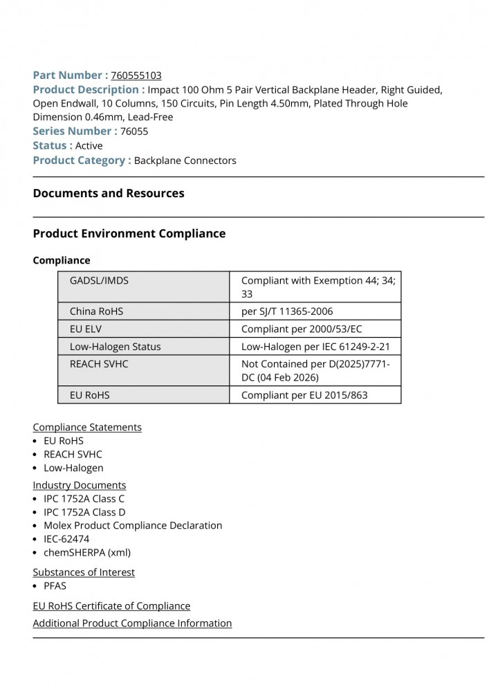 MOLEX 760555103 product document preview, page 1