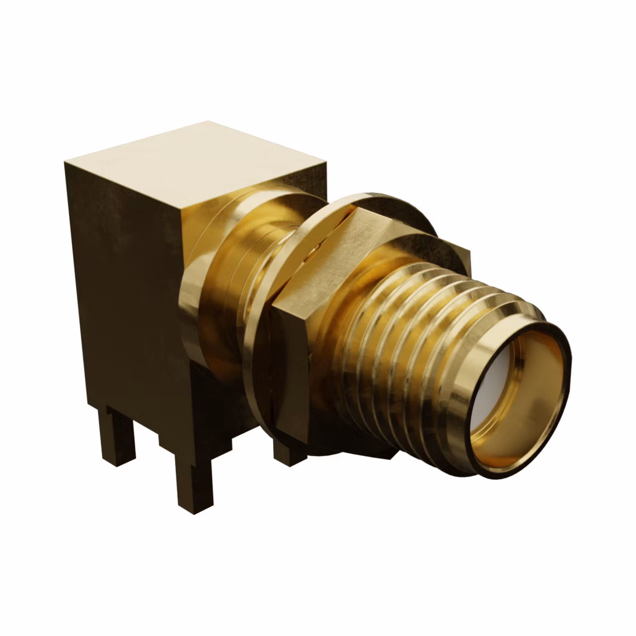 SMA Jack, Right-Angle, Bulkhead Receptacle, PCB, Through Hole, Brass Body, Gold (Au) Plated, Jam Nut and Lockwasher Included, 2.79mm Leg Length, 50 Pieces Per Tray, 50 Ohms for sale