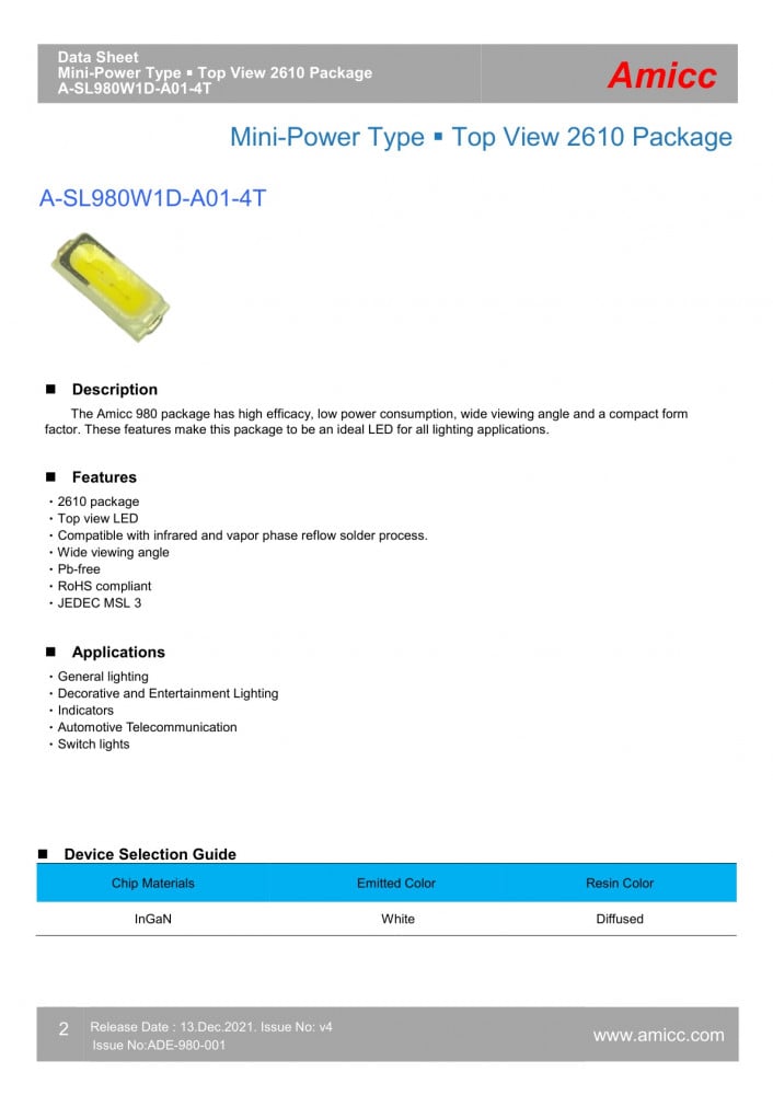 A-SL980W1D-A01-4T datasheet page 2