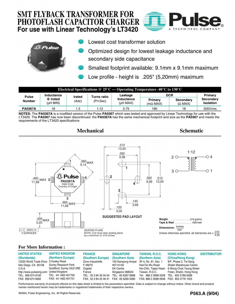 PA0367A photoflash capacitor-charger transformer datasheet page
