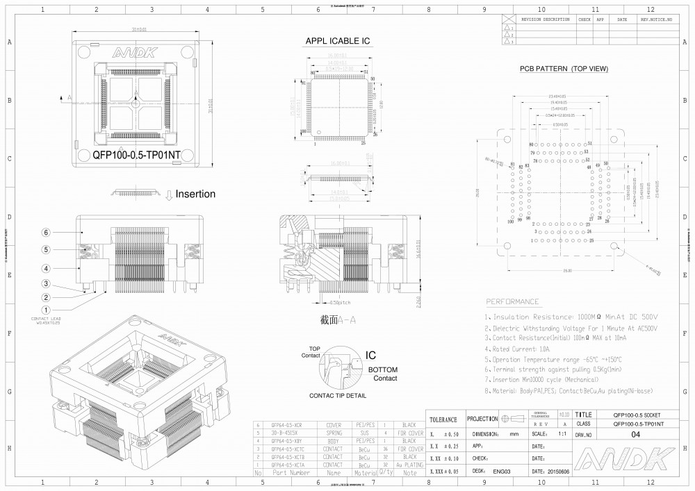 HMILU QFP100-0.5 socket technical drawing