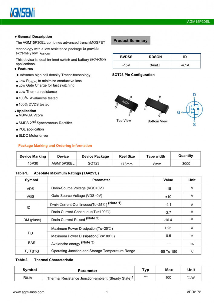 AGM15P30EL datasheet page 1