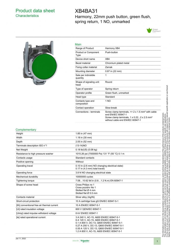 XB4BA31 technical document page 1