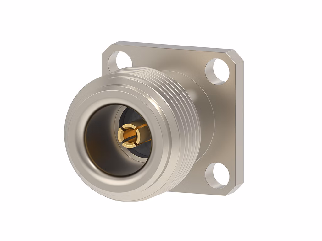 N Jack, Straight, 4-Hole Flange Mount, with O-Ring, Brass Body, Nickel (Ni) Plated, Candlestick Contact, 11.00mm Length, Tray, 50 Ohms for sale