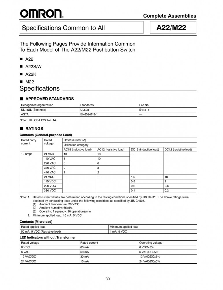 OMRON A22N-PX18 documentation page 1